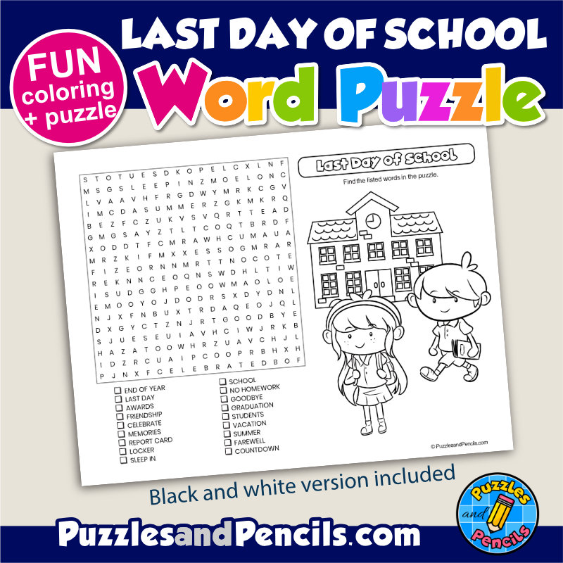 Last Day of School Word Search Puzzle Activity and Coloring | End of ...