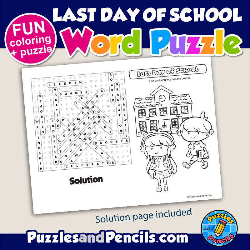 Last Day of School Word Search Puzzle Activity and Coloring | End of ...