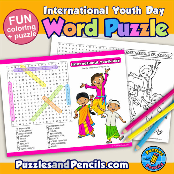 International Youth Day Word Search Puzzle Activity Page and Coloring ...