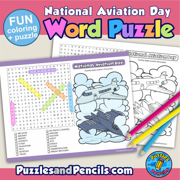 National Aviation Day Word Search Puzzle Activity Page and Coloring ...