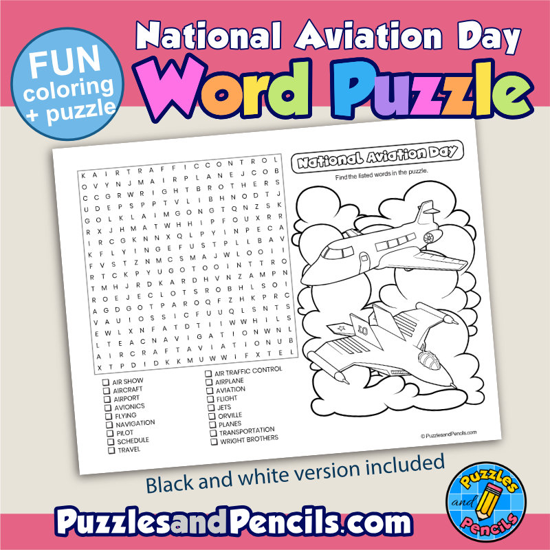 National Aviation Day Word Search Puzzle Activity Page and Coloring ...