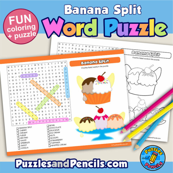 Banana Split Word Search Puzzle Activity Page and Coloring | Wordsearch ...