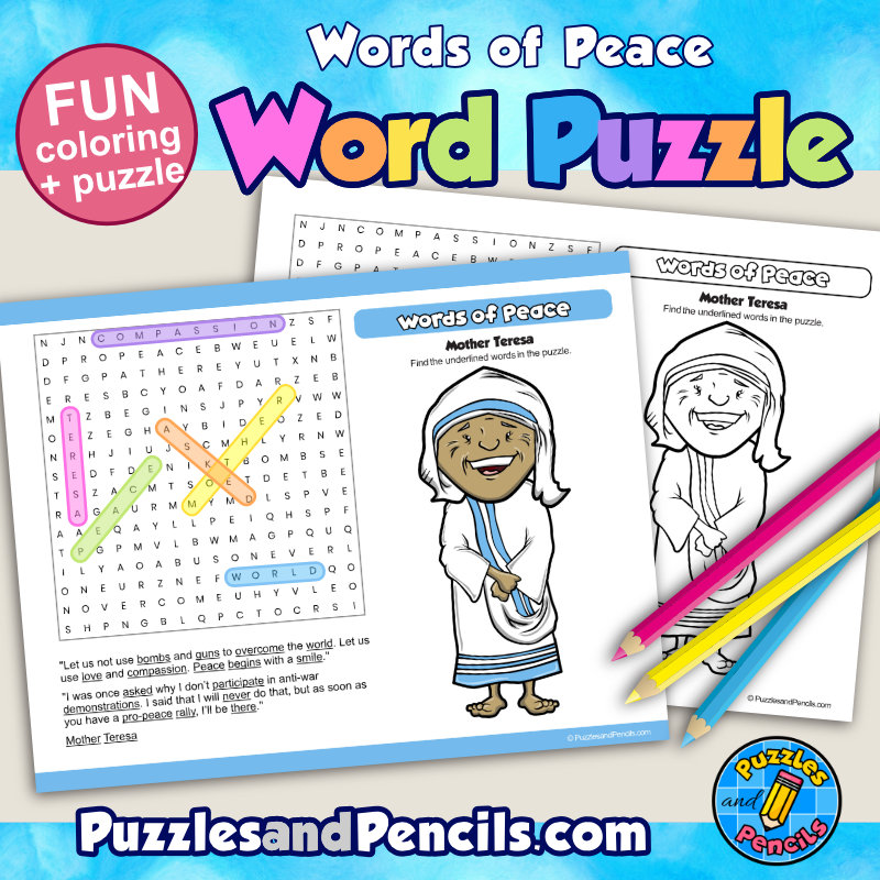 Words of Peace - Mother Teresa Word Search Puzzle Activity and Coloring ...