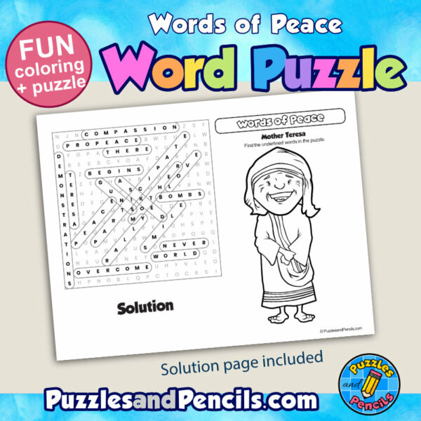 Words of Peace - Mother Teresa Word Search Puzzle Activity and Coloring ...