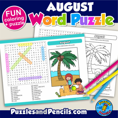 August Word Search Puzzle Activity Page and Coloring | August ...