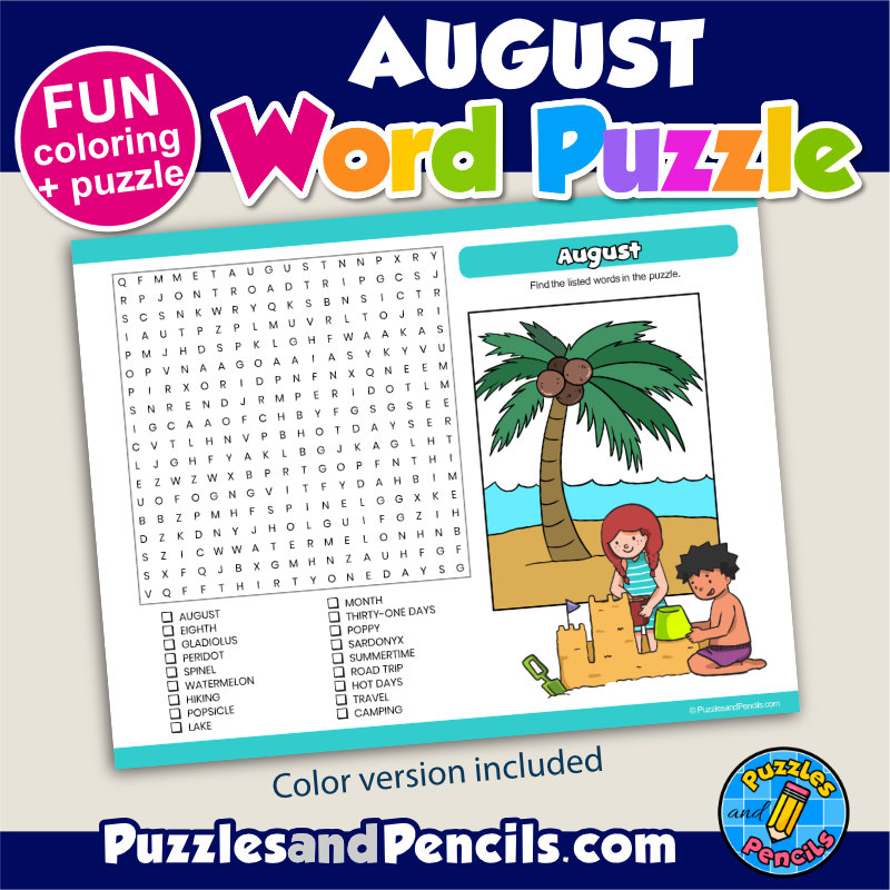 August Word Search Puzzle Activity Page and Coloring | August ...