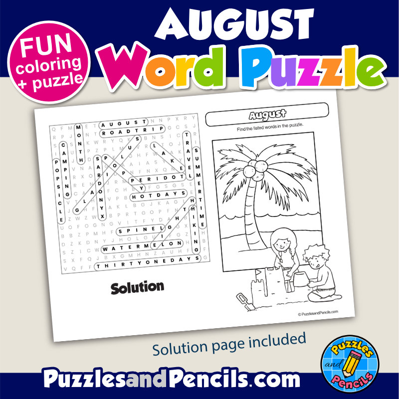 August Word Search Puzzle Activity Page and Coloring | August ...