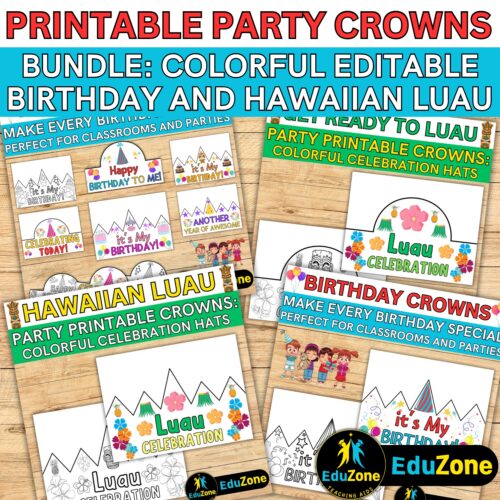 Printable Party Crowns Bundle: Colorful Editable Birthday and Hawaiian ...