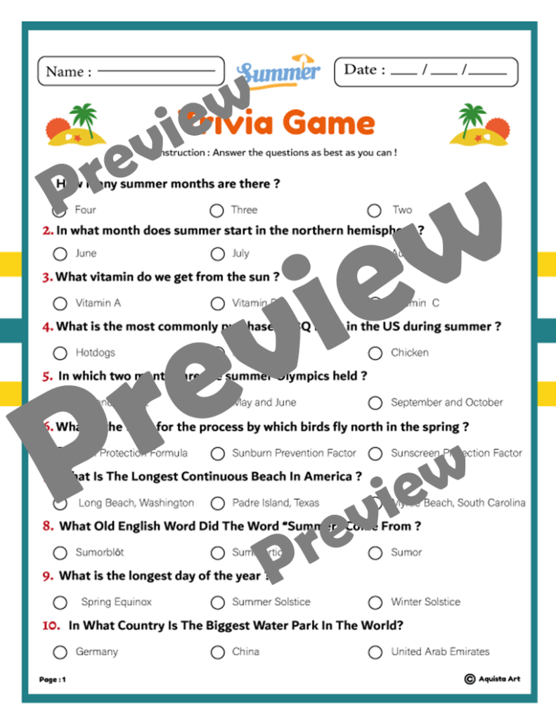 Summer Trivia Game : Test your Students Knowledge of the Sunny Season ...