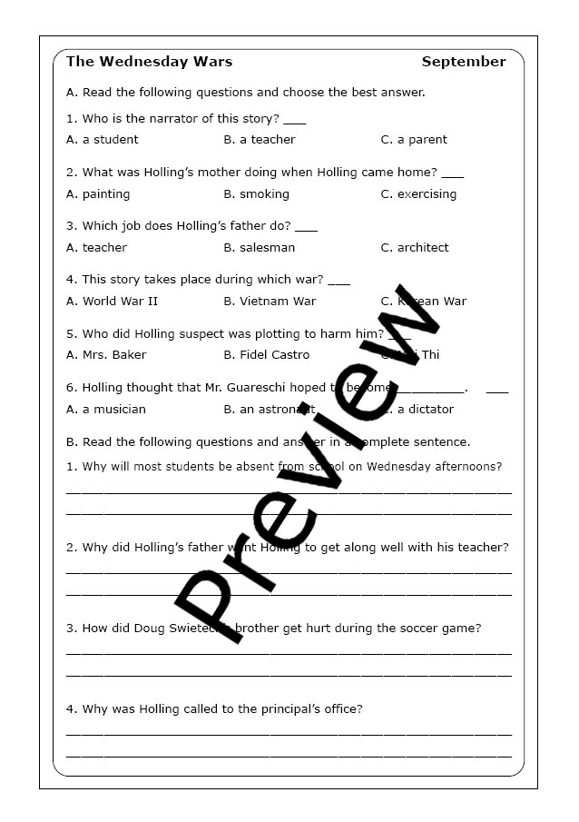 Gary Schmidt "The Wednesday Wars" worksheets | Made By Teachers