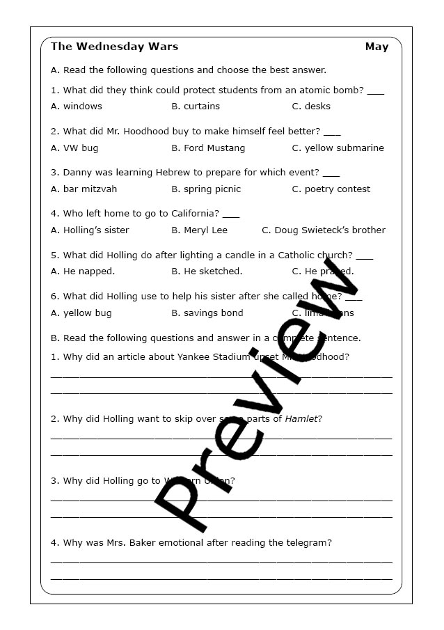 Gary Schmidt "The Wednesday Wars" worksheets | Made By Teachers