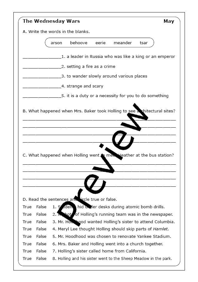 Gary Schmidt "The Wednesday Wars" worksheets | Made By Teachers