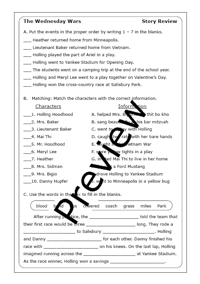 Gary Schmidt "The Wednesday Wars" worksheets | Made By Teachers