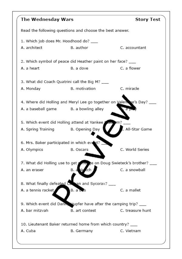 Gary Schmidt "The Wednesday Wars" worksheets | Made By Teachers