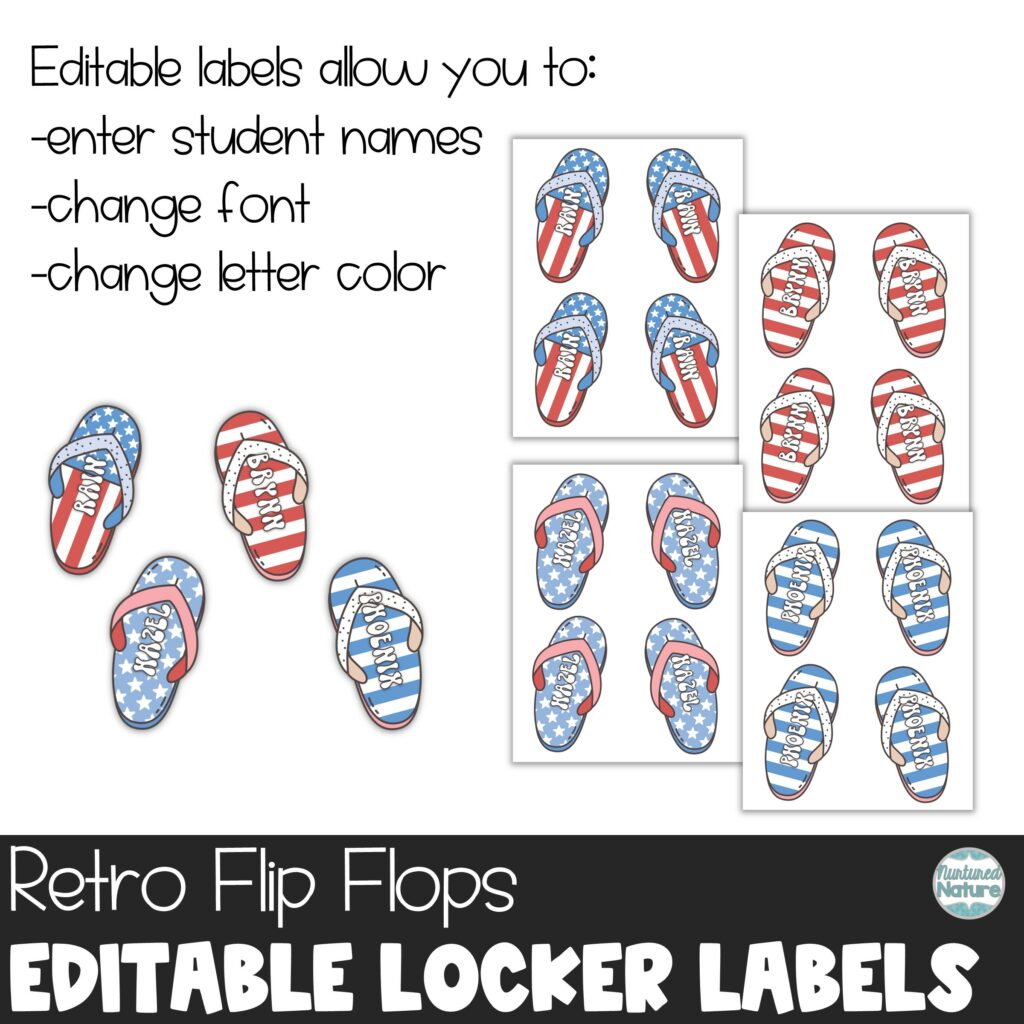 Editable Locker Labels or Cubby Tags - Patriotic Flip Flops - Retro ...