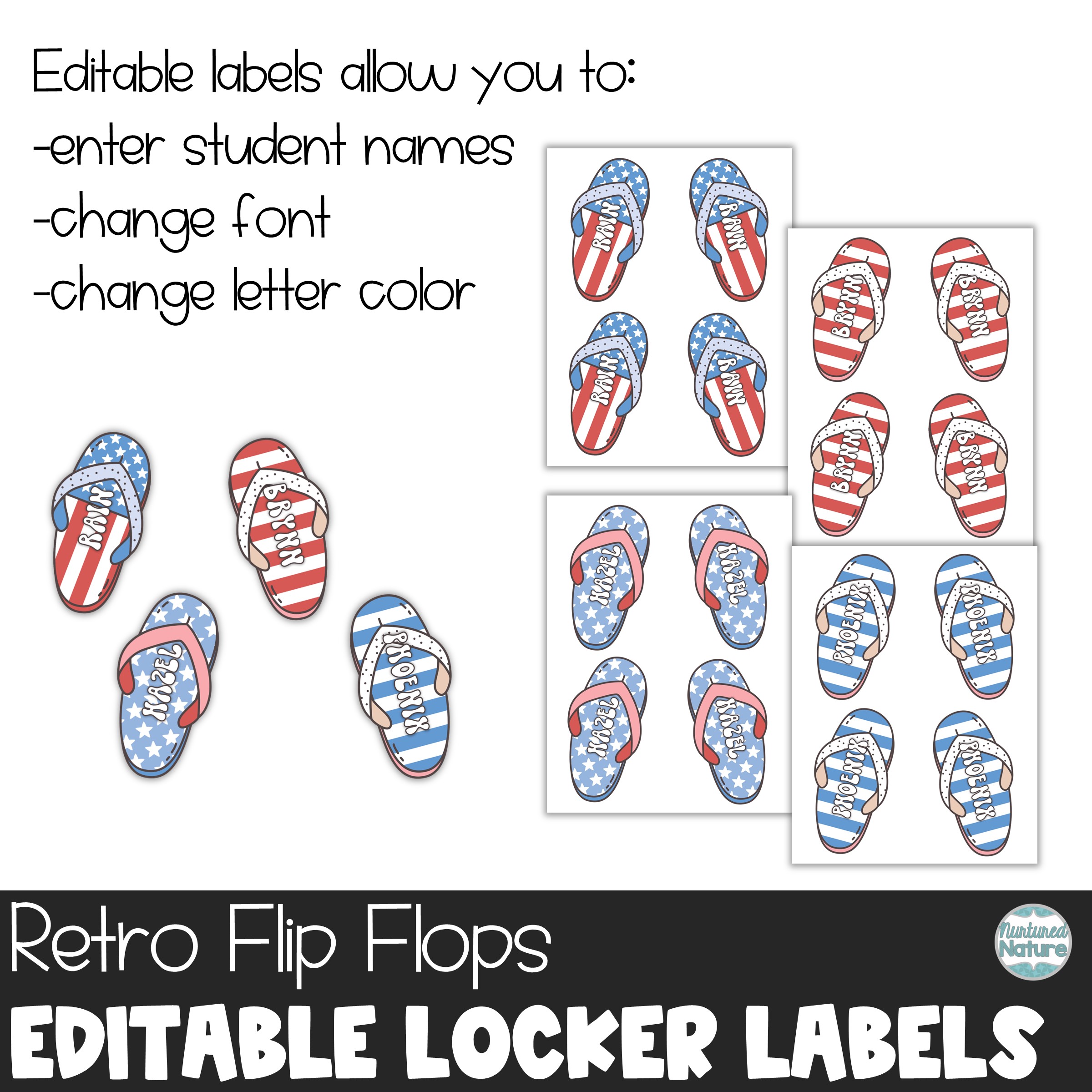Editable Locker Labels or Cubby Tags - Patriotic Flip Flops - Retro ...