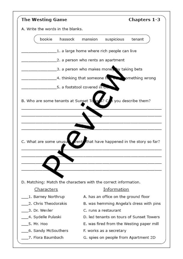 Ellen Raskin "The Westing Game" worksheets | Made By Teachers