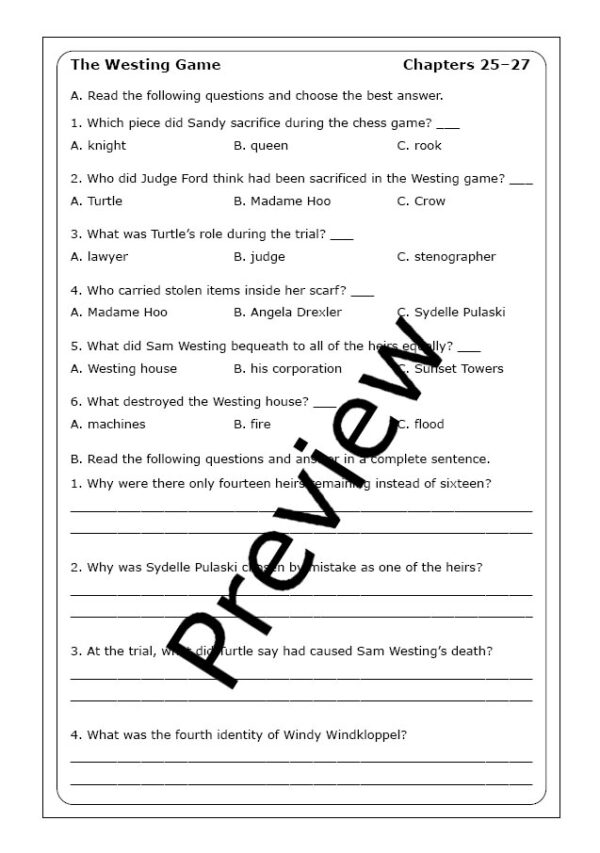 Ellen Raskin "The Westing Game" worksheets - Made By Teachers