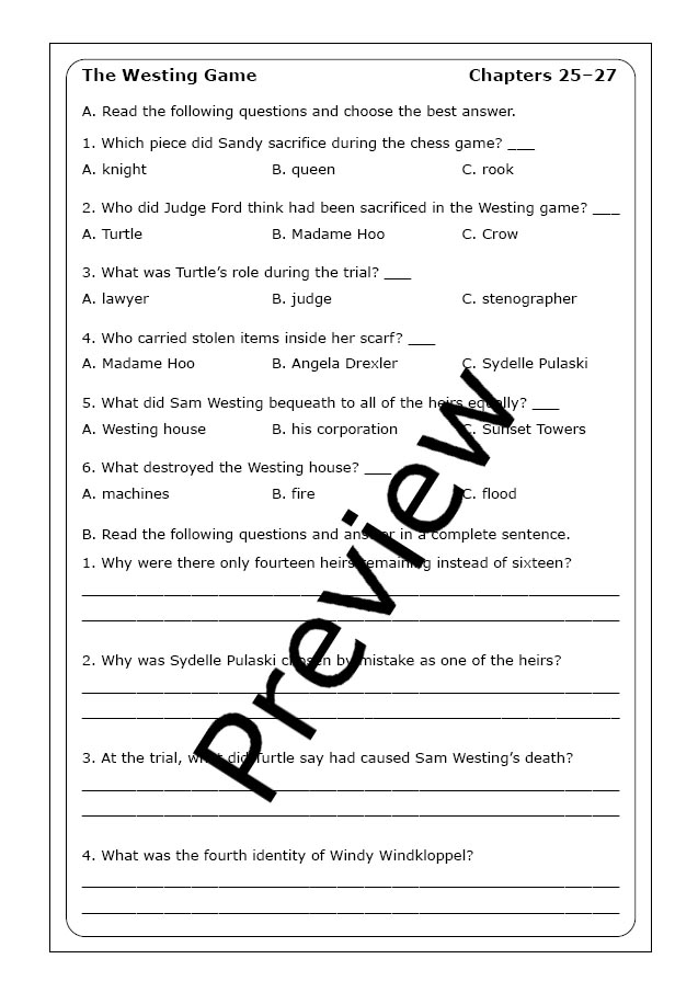 Ellen Raskin "The Westing Game" worksheets | Made By Teachers