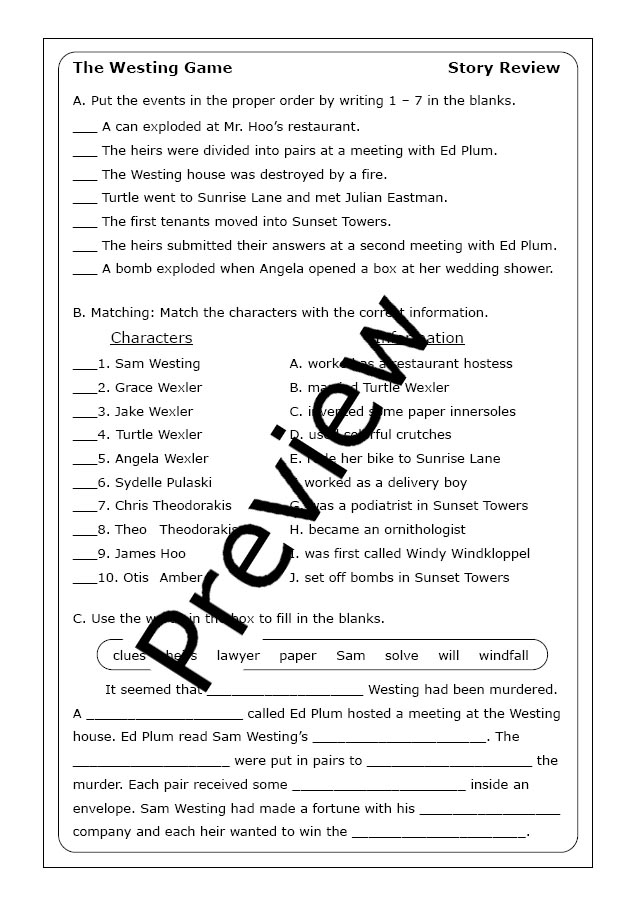 Ellen Raskin "The Westing Game" worksheets | Made By Teachers