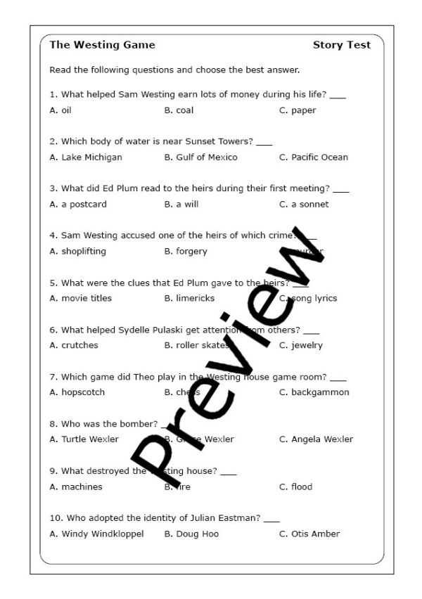 Ellen Raskin "The Westing Game" worksheets | Made By Teachers