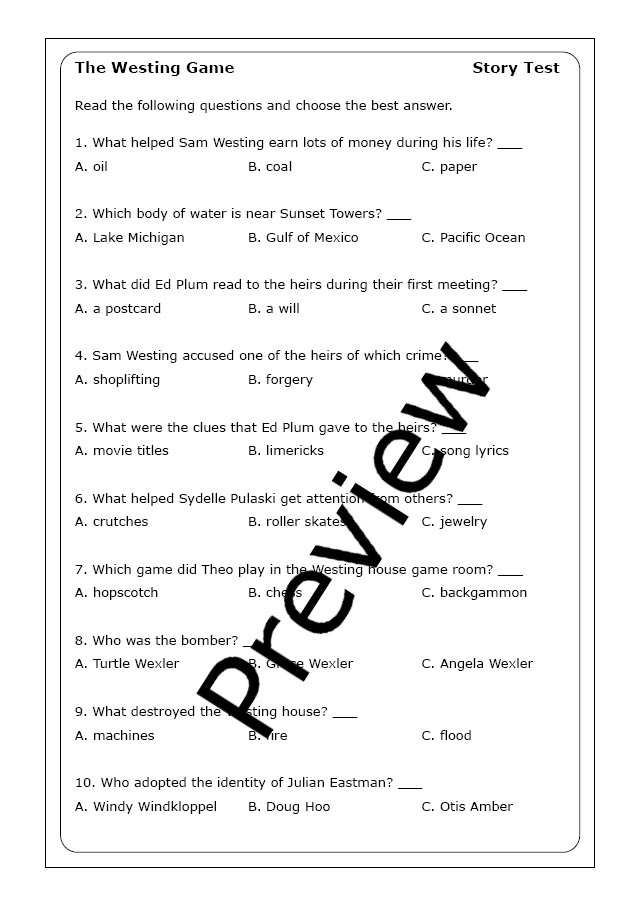 Ellen Raskin "The Westing Game" worksheets | Made By Teachers