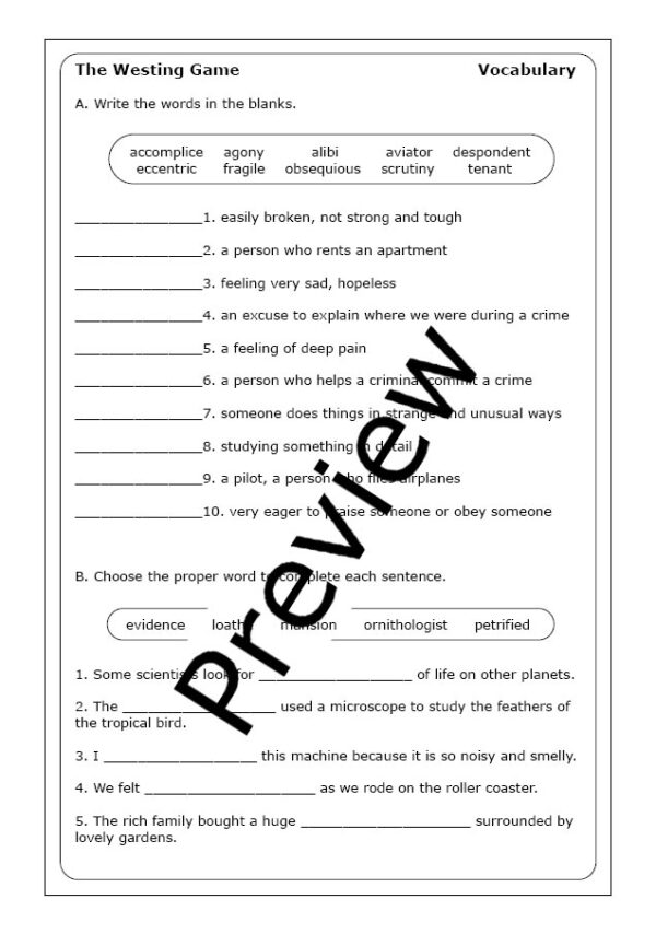 Ellen Raskin "The Westing Game" worksheets - Made By Teachers