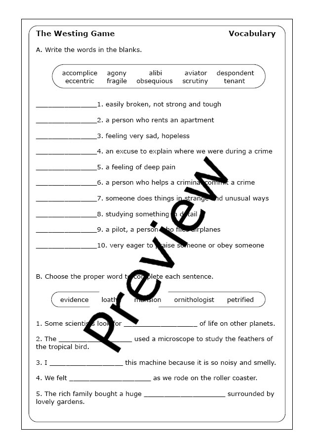 Ellen Raskin "The Westing Game" worksheets | Made By Teachers