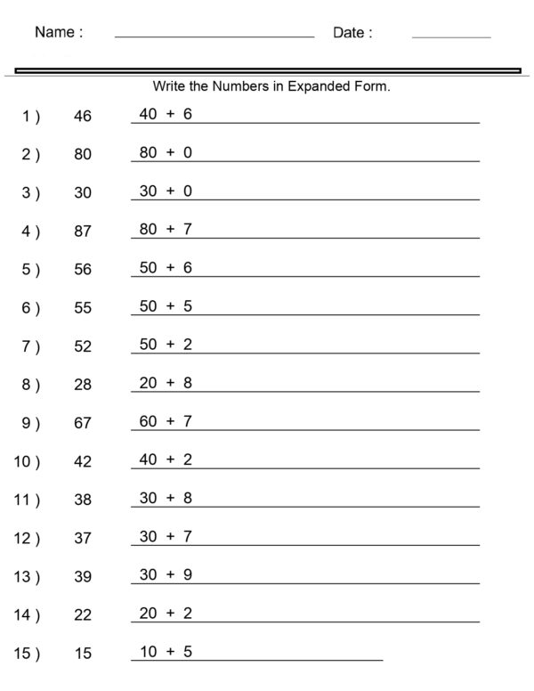 Place Value - Expanded Form with Integers Worksheets - 2 Digits (Tens ...