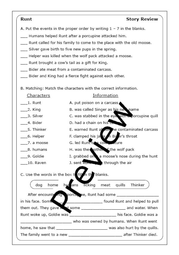 Marion Dane Bauer "Runt" worksheets | Made By Teachers