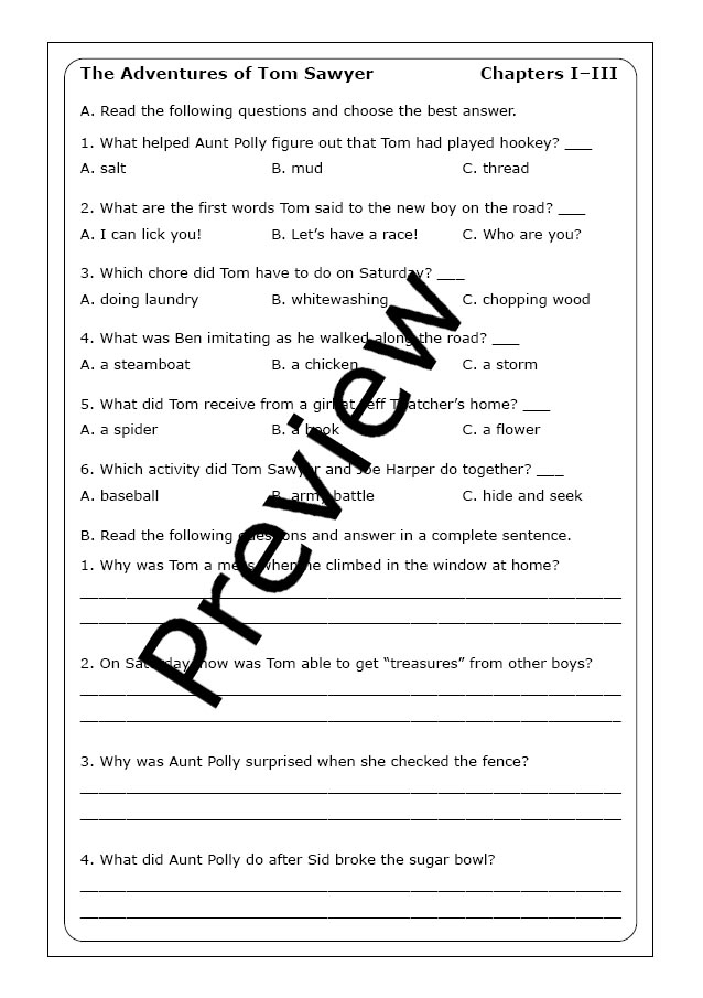 "The Adventures of Tom Sawyer" worksheets | Made By Teachers