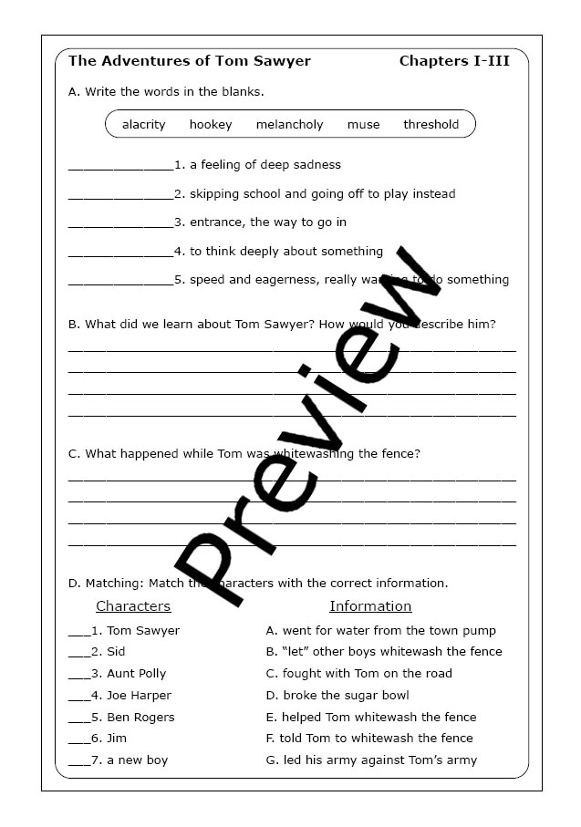 "The Adventures of Tom Sawyer" worksheets | Made By Teachers
