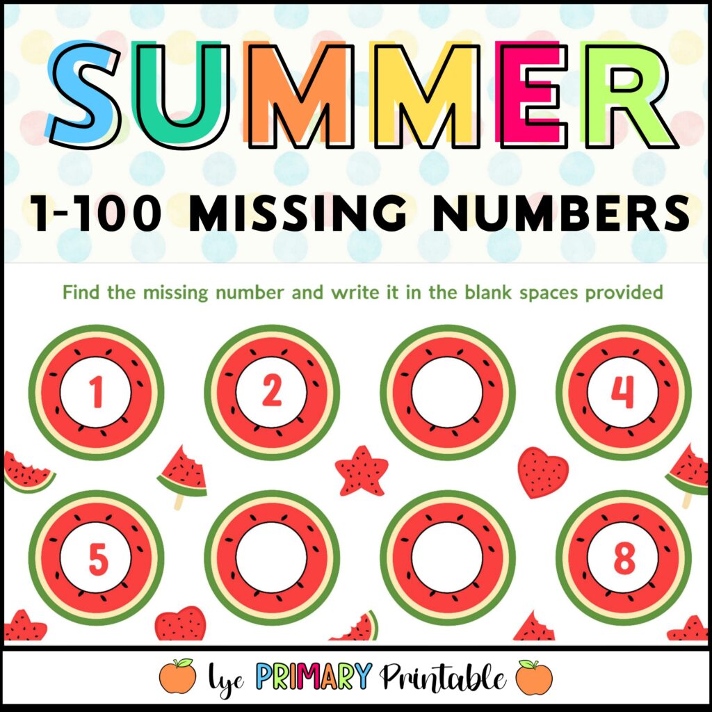 Summer Watermelon Missing Numbers Counting To 100 Worksheets Made By