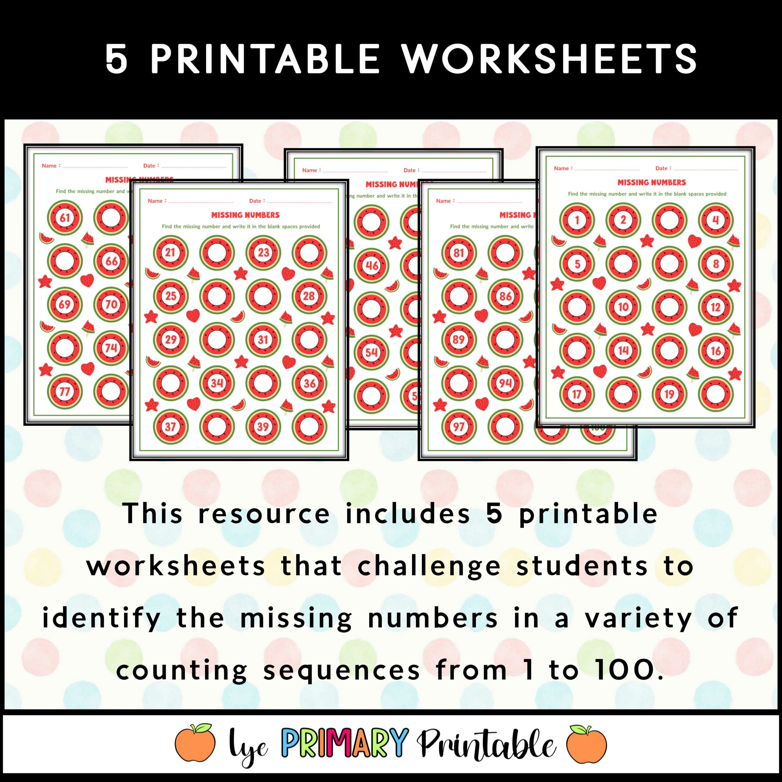 Summer Watermelon Missing Numbers Counting to 100 Worksheets | Made By ...