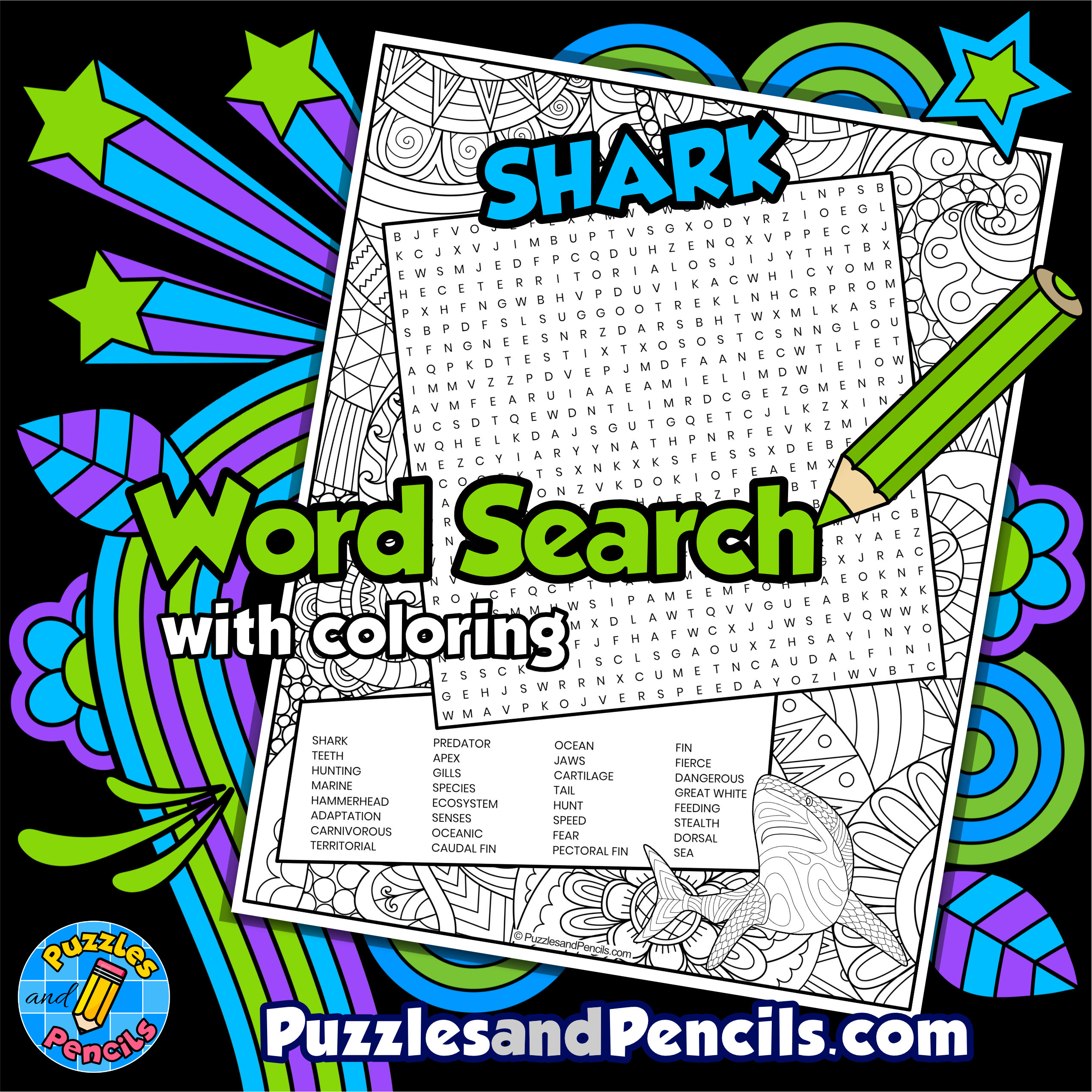 Shark Word Search Puzzle Activity with Coloring | Wordsearch | Made By ...