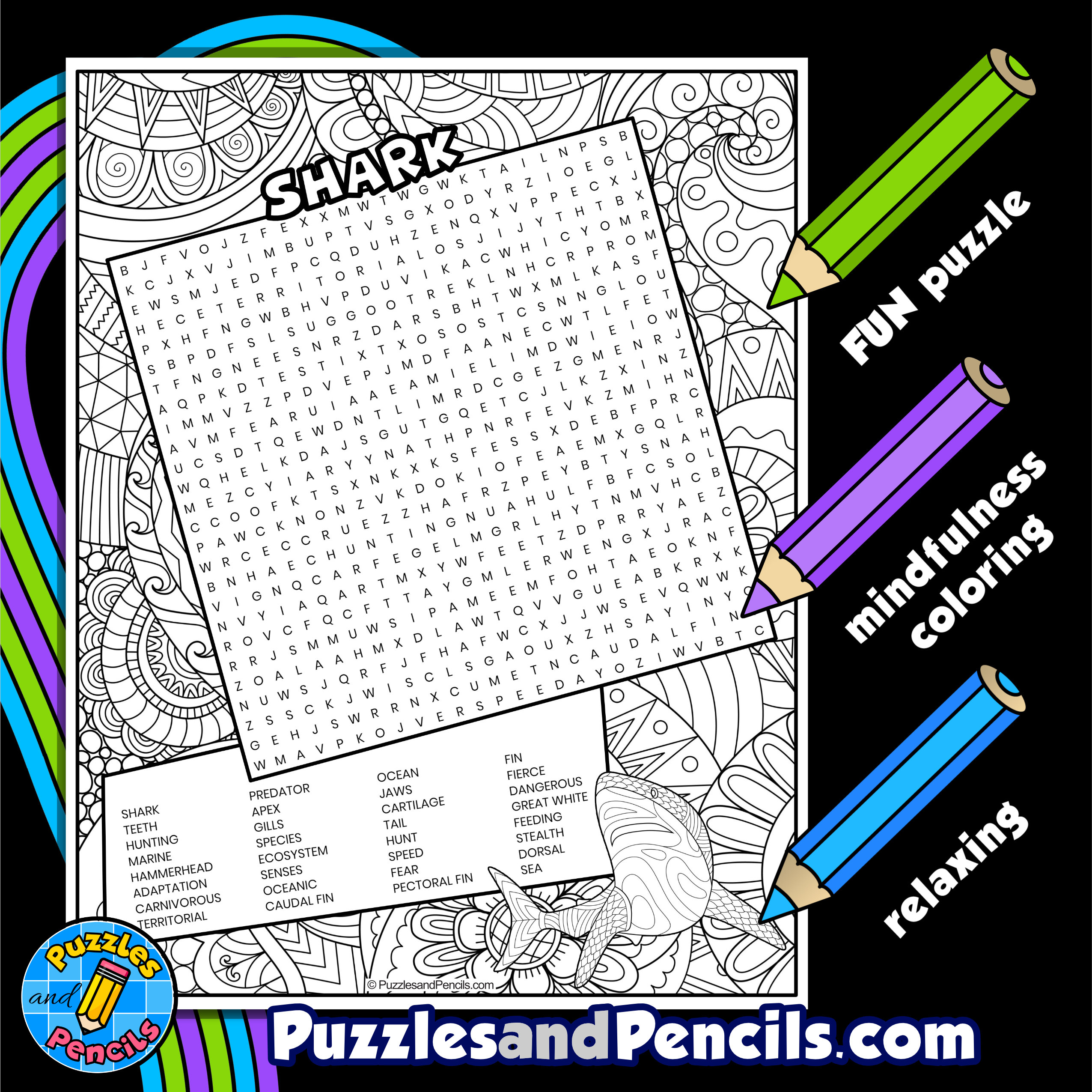 Shark Word Search Puzzle Activity with Coloring | Wordsearch | Made By ...