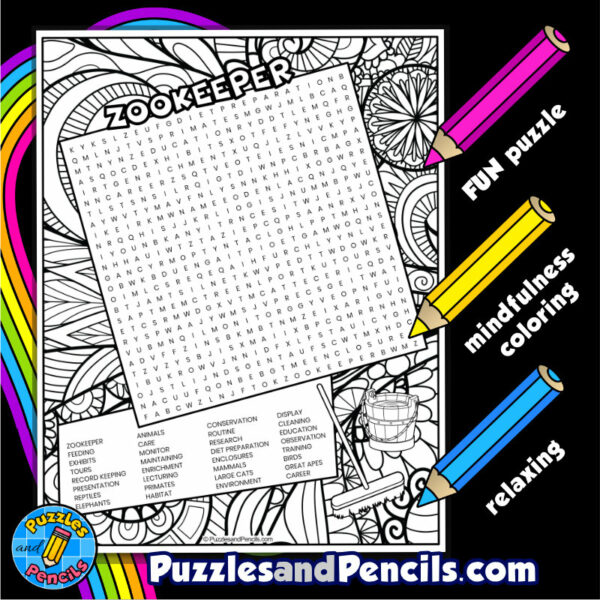 Zookeeper Word Search Puzzle Activity with Coloring | Wordsearch | Made ...