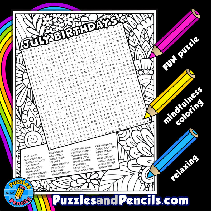 Famous July Birthdays Word Search Puzzle Activity with Coloring ...