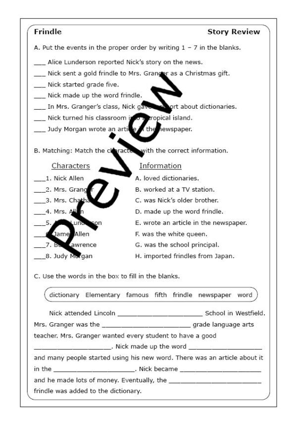 Andrew Clements "Frindle" worksheets | Made By Teachers