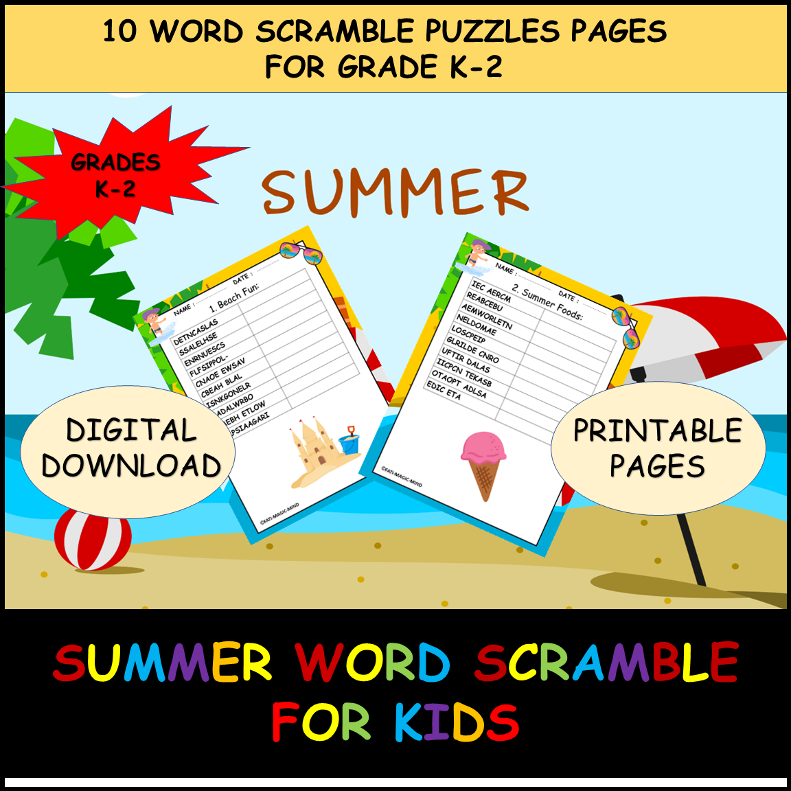 Summer Word Scramble Puzzles Grade K-2: 10 Fun End of the Year ...