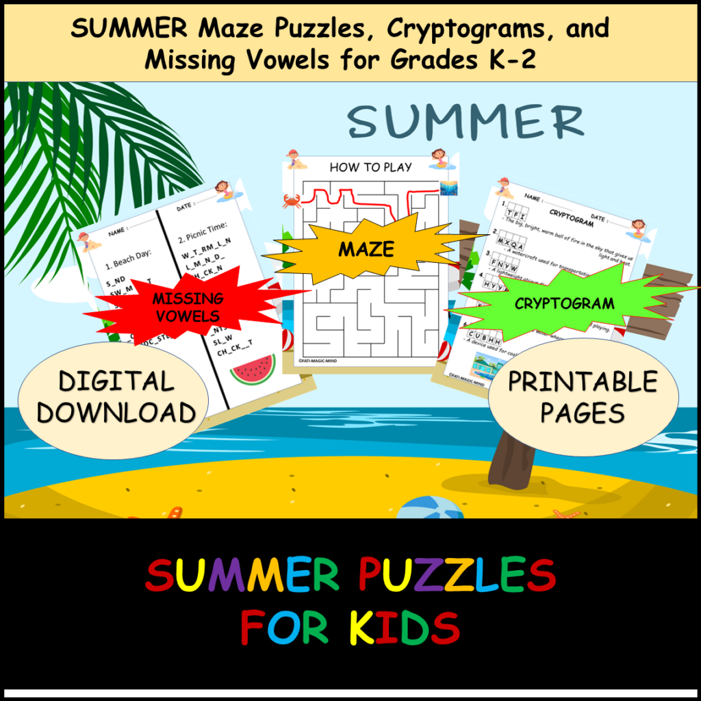 Summer Puzzles Maze Cryptogram Missing Vowel End Of the Year Activities ...