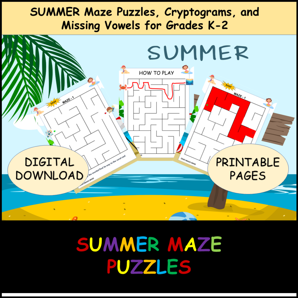 Summer Puzzles Maze Cryptogram Missing Vowel End Of the Year Activities ...