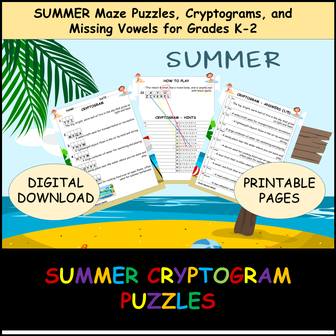 Summer Puzzles Maze Cryptogram Missing Vowel End Of the Year Activities ...