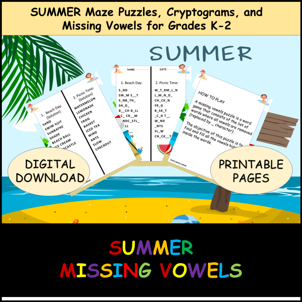 Summer Puzzles Maze Cryptogram Missing Vowel End Of the Year Activities ...