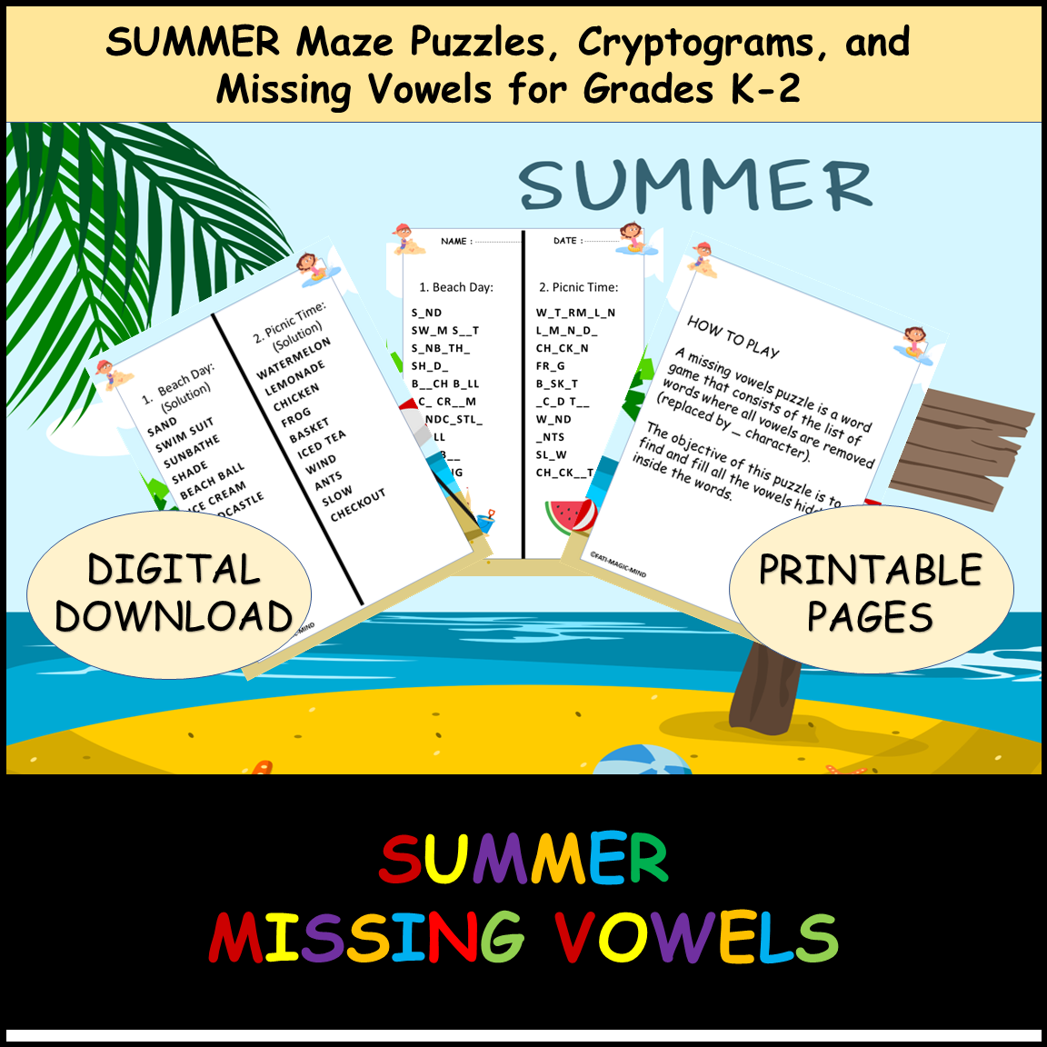 Summer Puzzles Maze Cryptogram Missing Vowel End Of the Year Activities ...