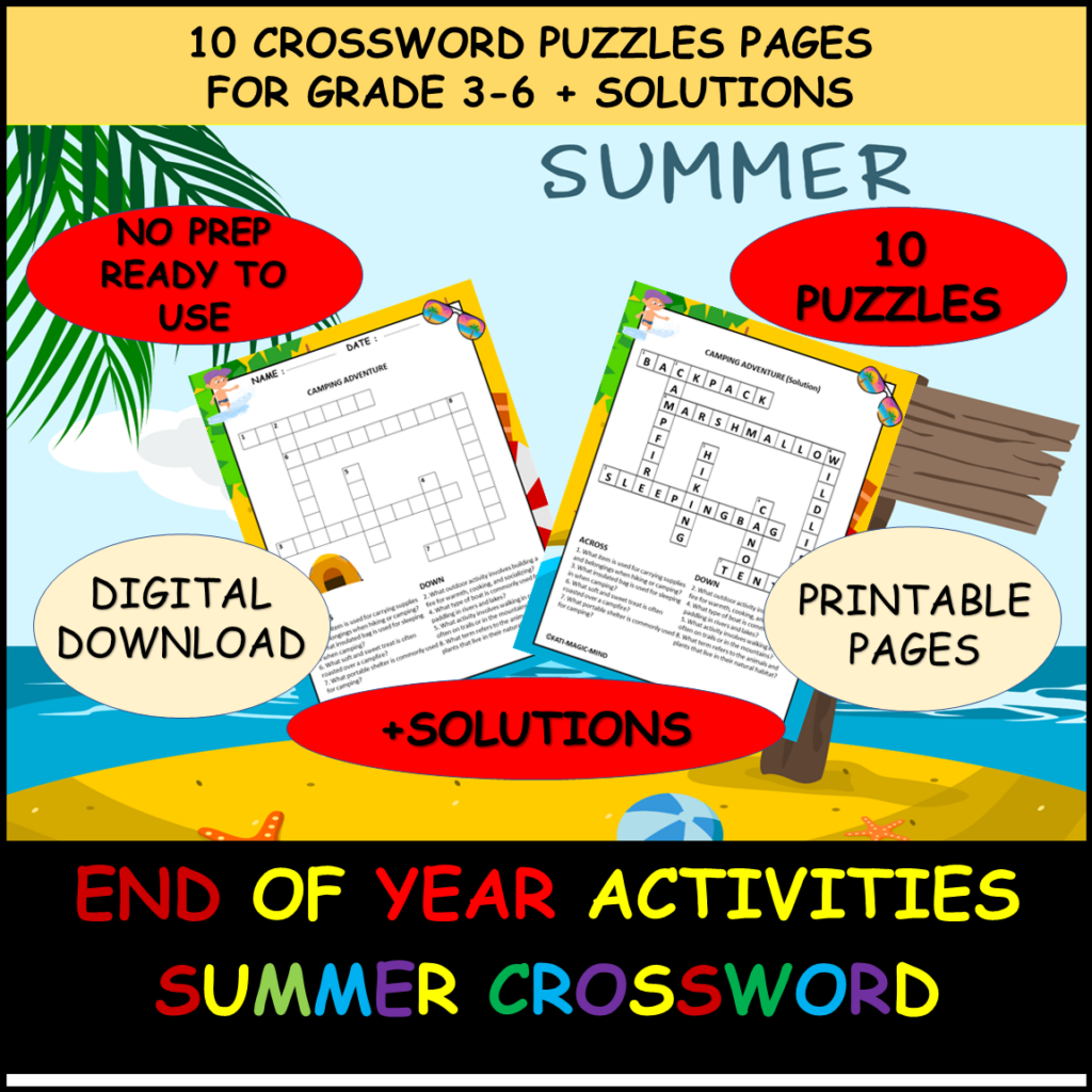 Summer Crossword Puzzle 10 fun End of the Year Activities Grd3-6 ...