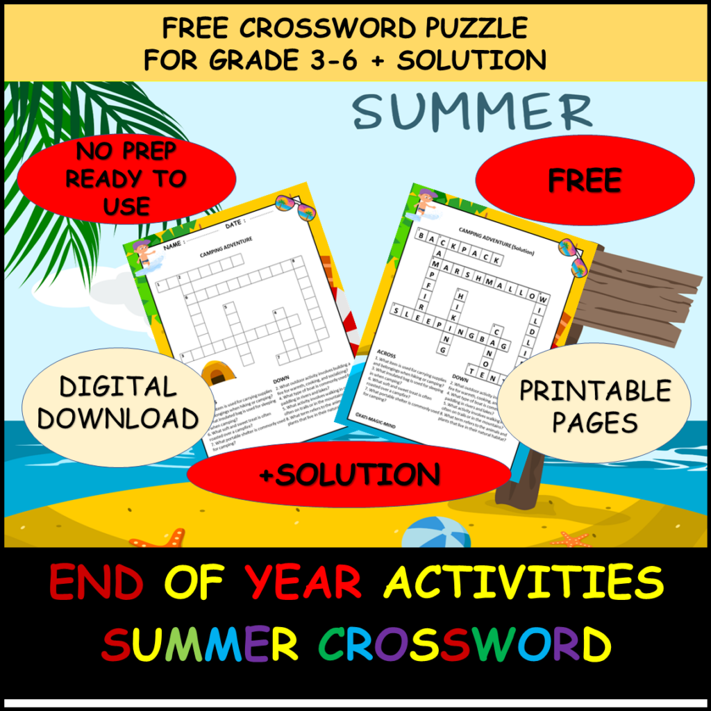Summer Crossword puzzle Free Printable end of the year activities for ...