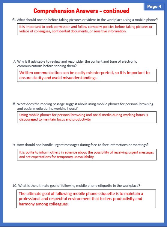 Mobile Phone Etiquette in the Workplace Reading Passage and questions ...