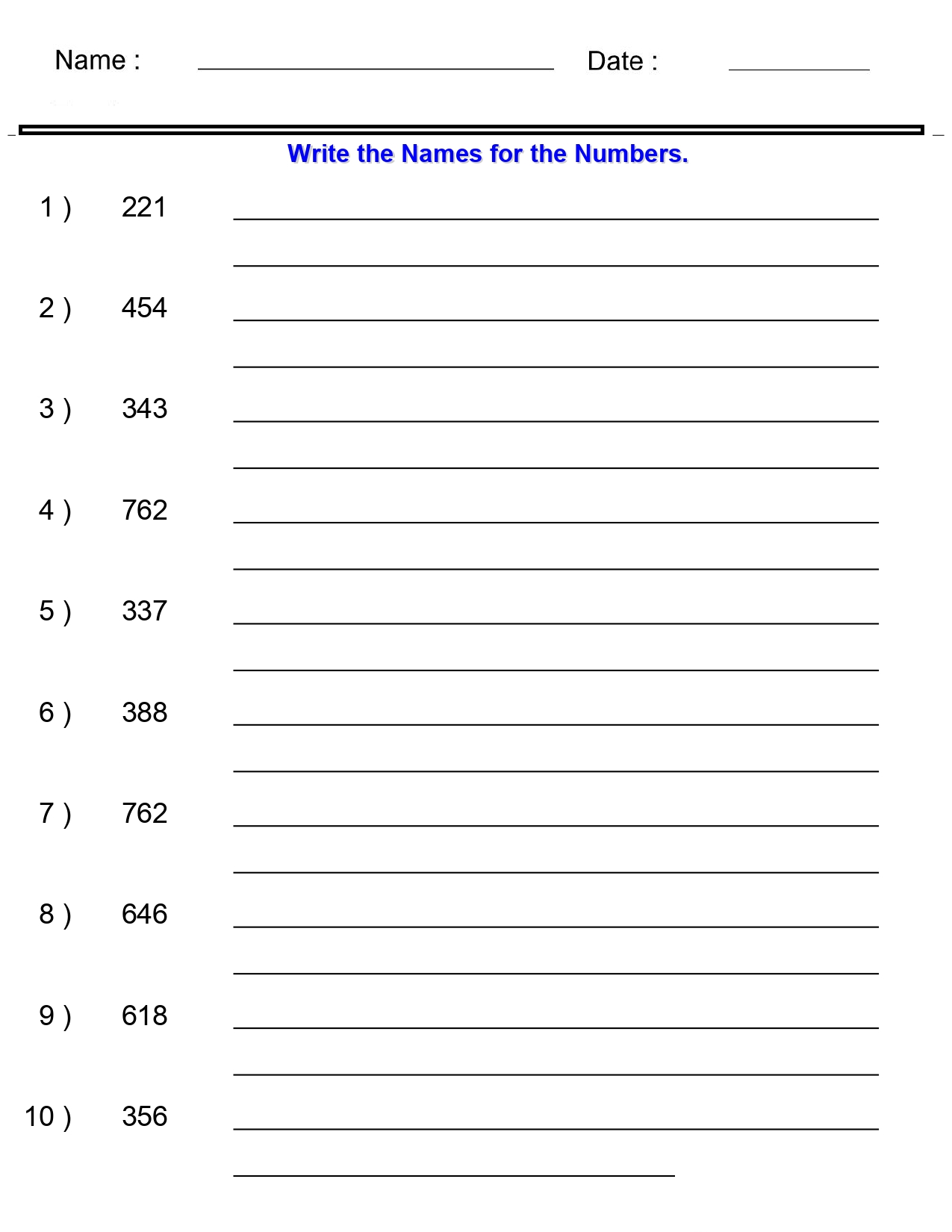 Place Value Worksheets Word Names for Numbers Worksheets 3 Digits 4 ...