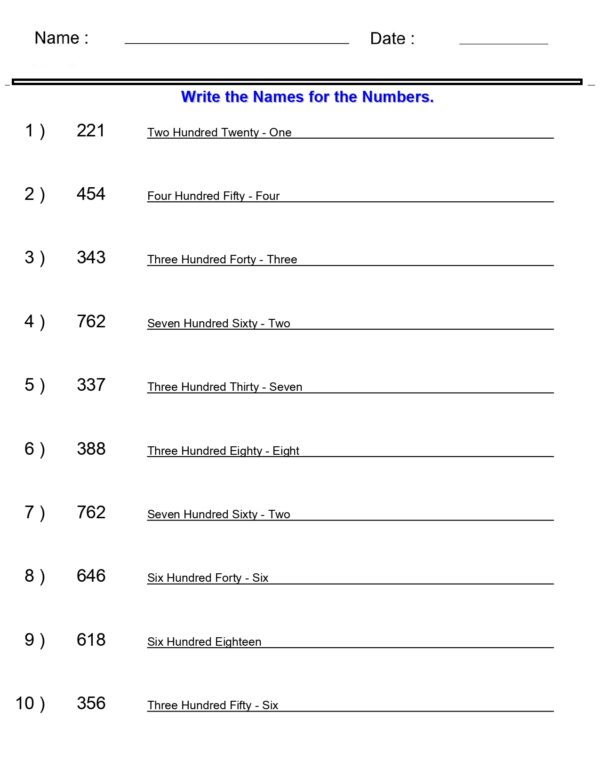 Place Value Worksheets Word Names for Numbers Worksheets 3 Digits 4 ...